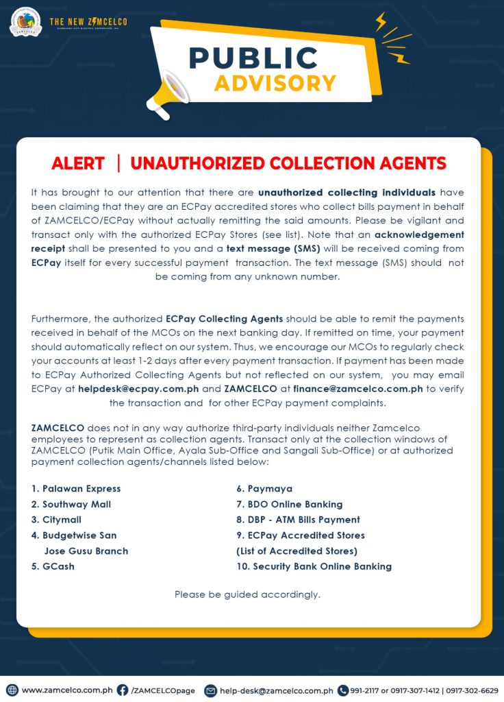 BEWARE OF UNAUTHORIZED COLLECTION AGENTS : New ZAMCELCO