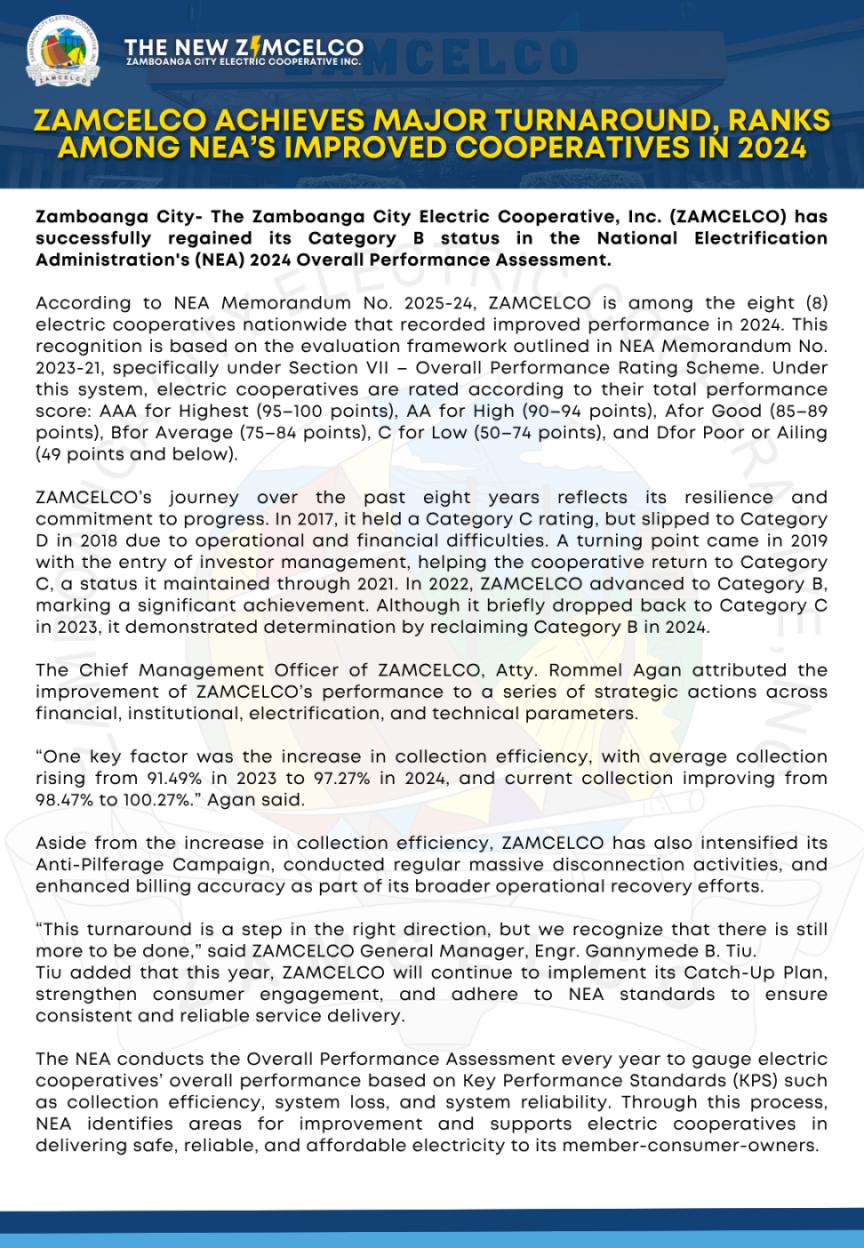 ZAMCELCO ACHIEVES MAJOR TURNAROUND, RANKS AMONG NEA'S IMPROVED ...